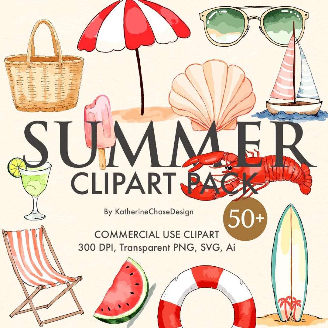 Watercolor Beach Summer Clipart PNG Bundle, Beach SVG, Pool Party ...