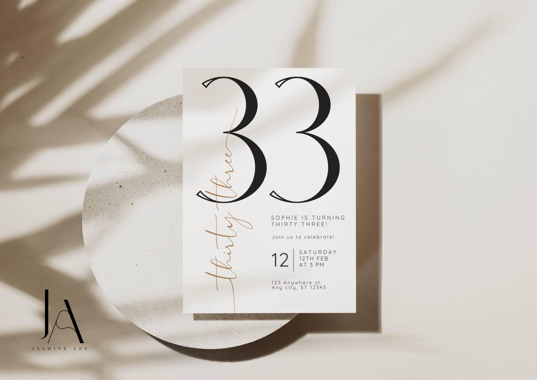 Minimalist 33rd Birthday Invitation Template: Editable 5x7 (digital ...