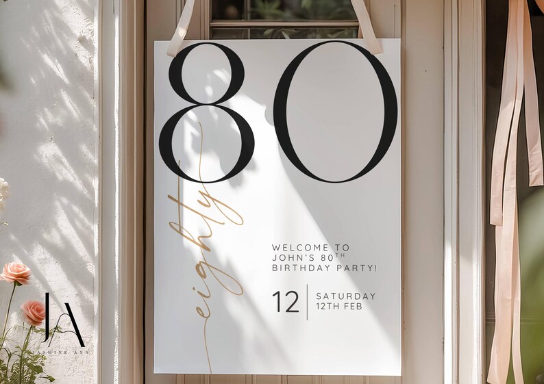 80th Birthday Welcome Sign Template, Black White Gold, Minimalist Decor ...