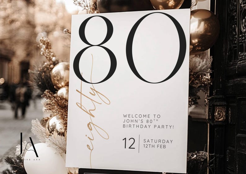 80th Birthday Welcome Sign Template, Black White Gold, Minimalist Decor ...