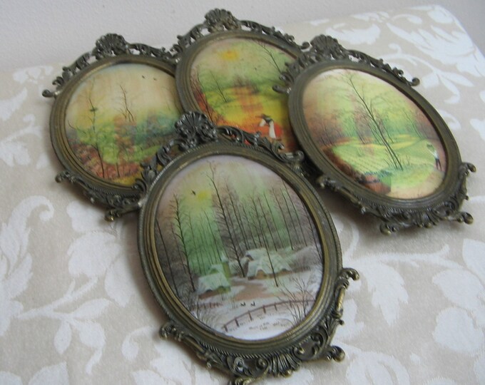 Vintage Antique Brass Oval Frame Set of Four Seasons Wall Art Prints on ...