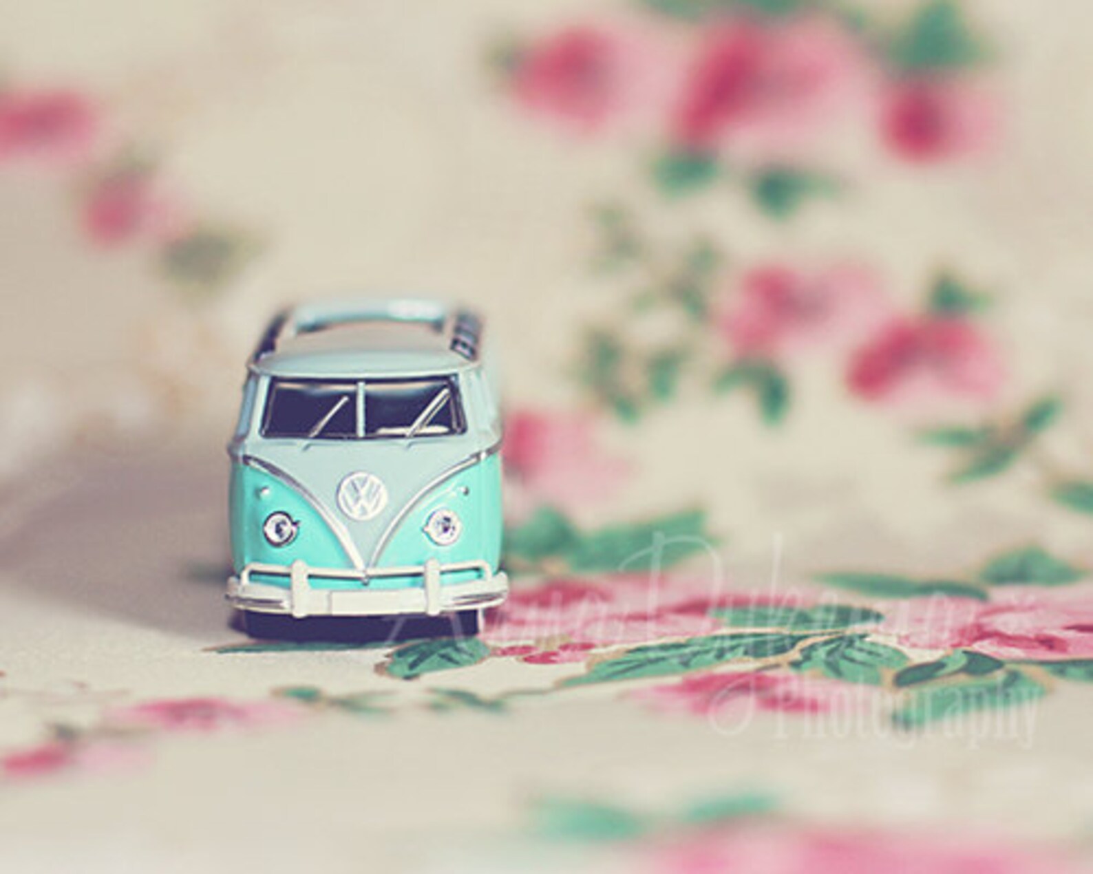 Toy Car Still Life Photography - Aqua VW Bus With Roses - Home Decor ...
