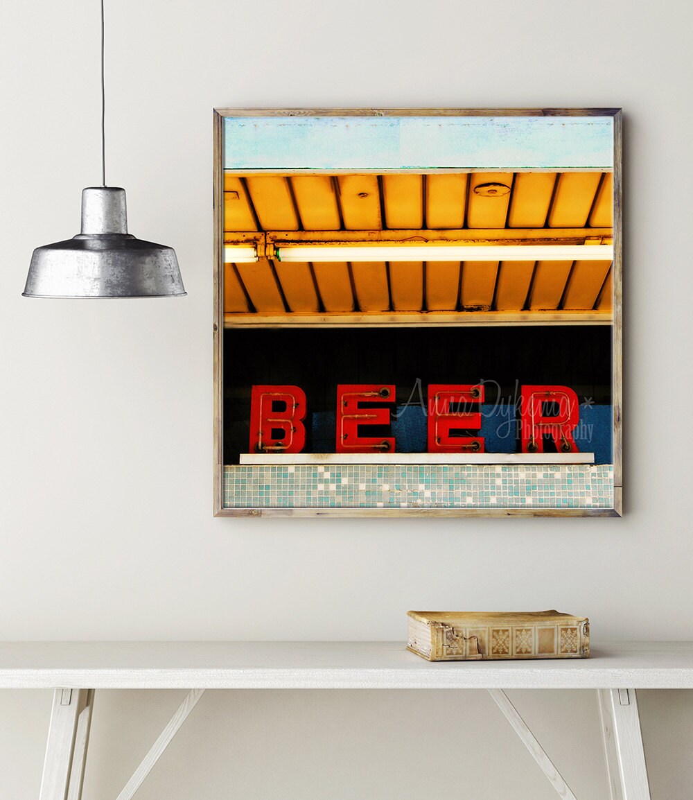 Midcentury Modern Bar Decor Beer Vintage Neon Sign Photography Red ...