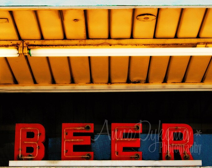 Midcentury Modern Bar Decor - Beer - Vintage Neon Sign Photography Red ...