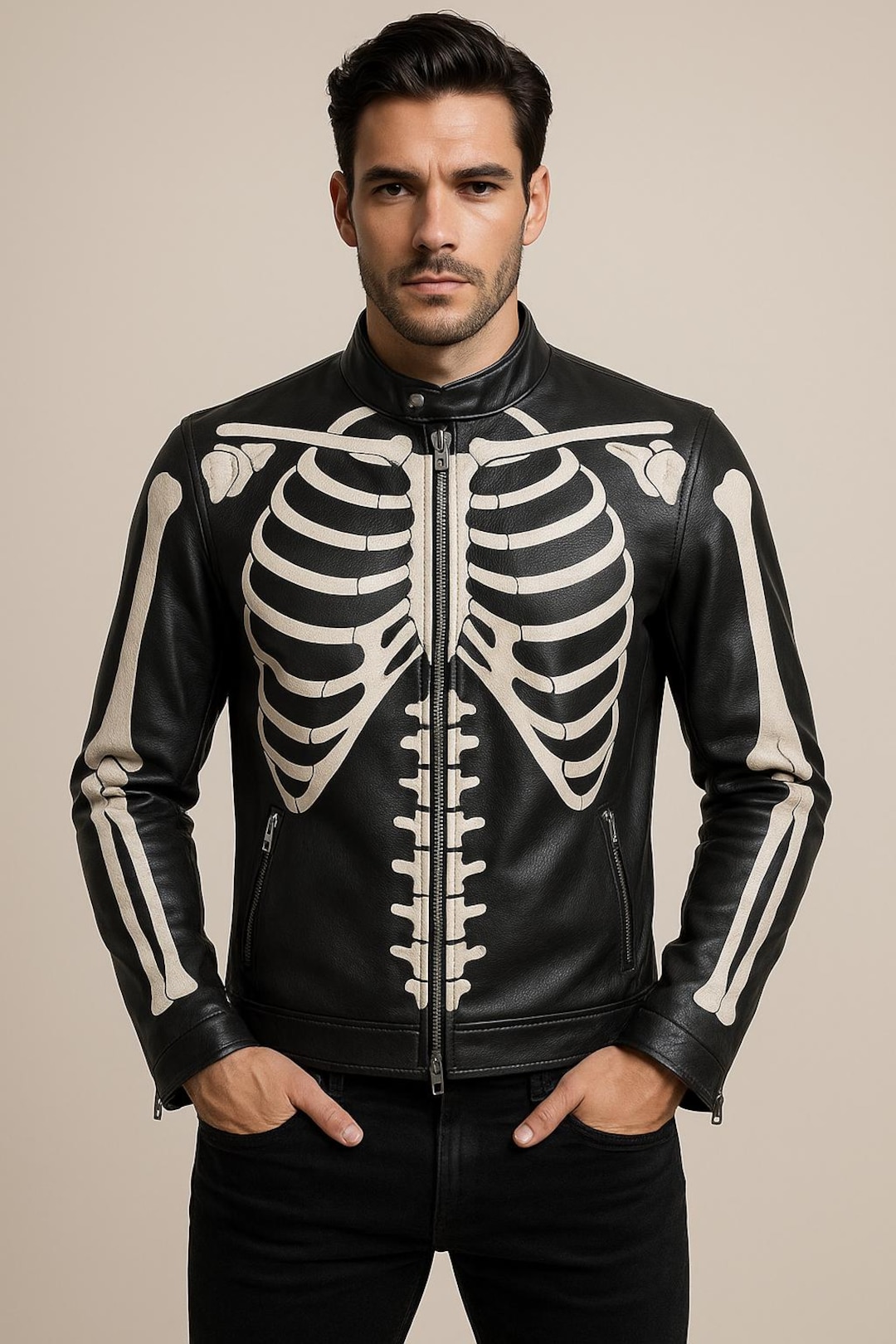 Skeleton Leather Jacket for Men – Black Biker Jacket With White Bone ...