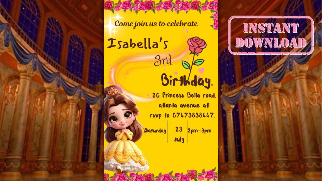Princess Belle Birthday Invitation | Beauty-inspired 3rd Birthday Party ...