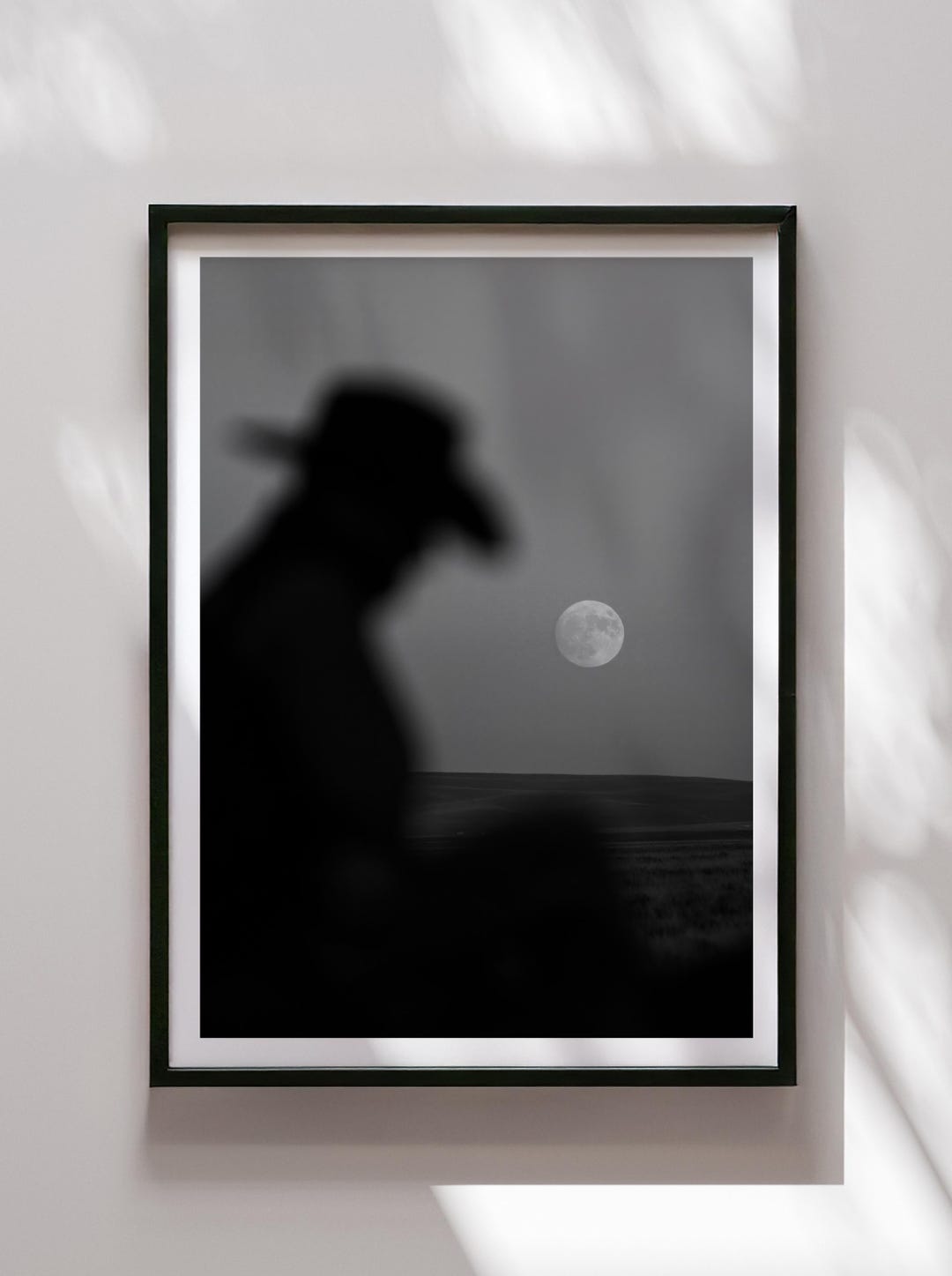 Cowboy Silhouette & Full Moon Print – Black and White Western Wall Art ...