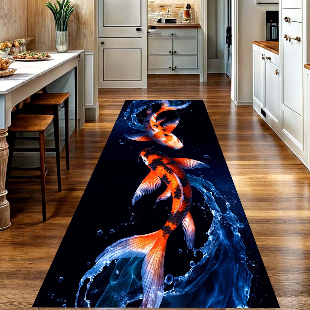 Koi Fish Runner Rug: Japanese Pond Hallway Carpet, Non-slip Machine ...
