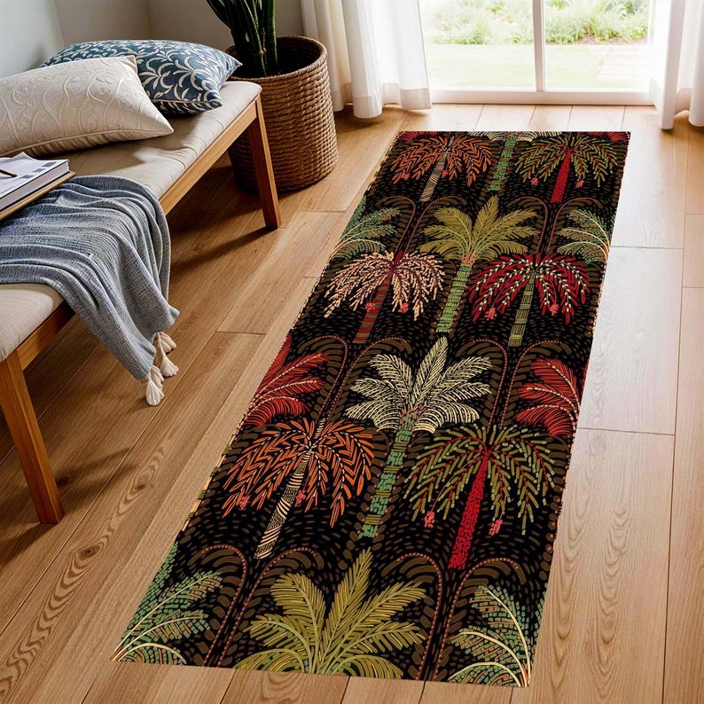 Tropical Palm Tree Long Runner Rug: Dark Boho Jungle Hallway Carpet ...
