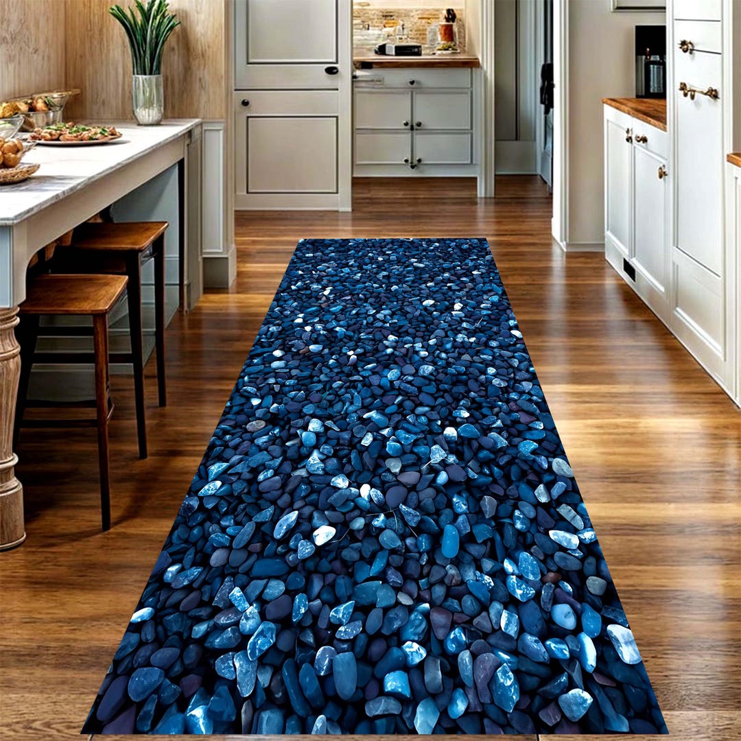 Blue Pebble Runner Rug: River Stone Hallway Carpet, Non-slip Machine ...