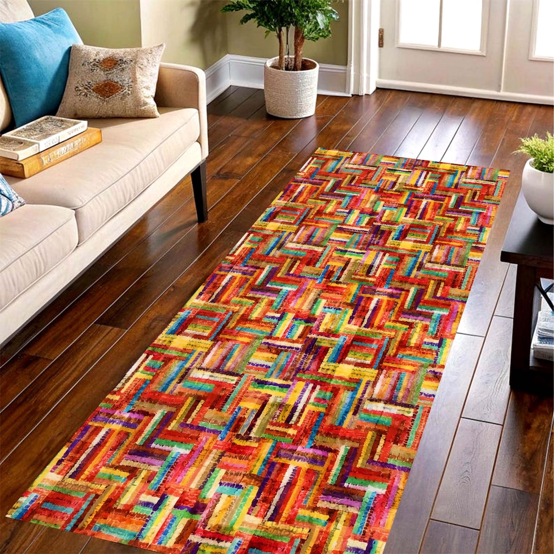 Colorful Boho Patchwork Runner Rug: Geometric Rainbow Hallway Carpet ...