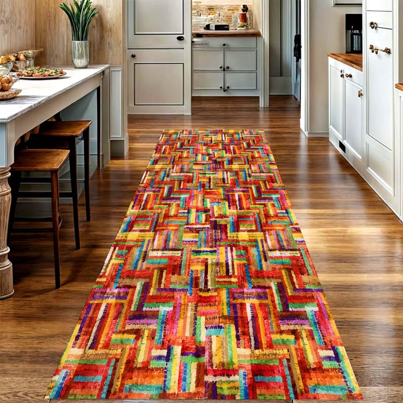 Colorful Boho Patchwork Runner Rug: Geometric Rainbow Hallway Carpet ...