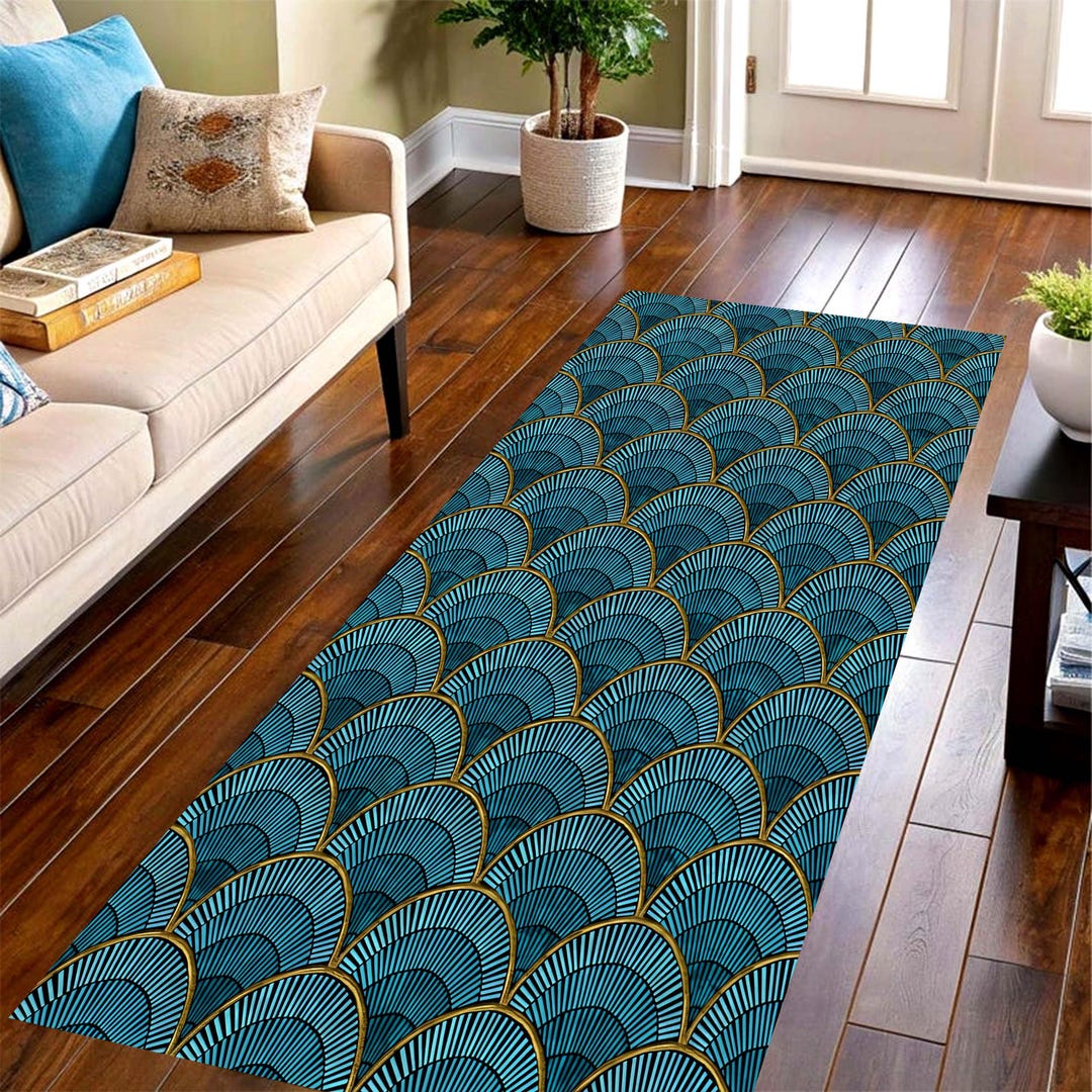 Teal Art Deco Fan Runner Rug: Long Geometric Modern Carpet, Non-slip ...