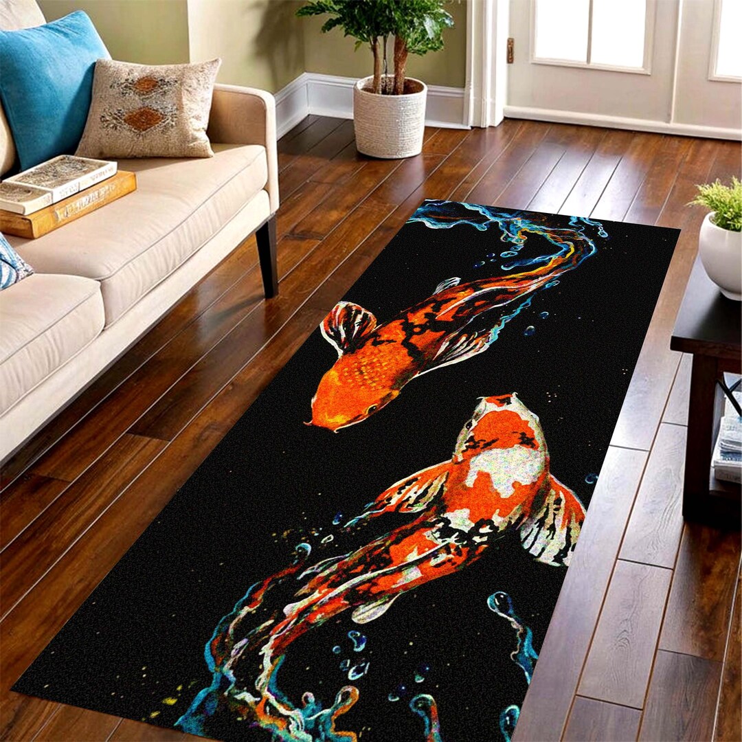 Koi Fish Runner Rug: Black Hallway Carpet Washable Non Slip - Etsy