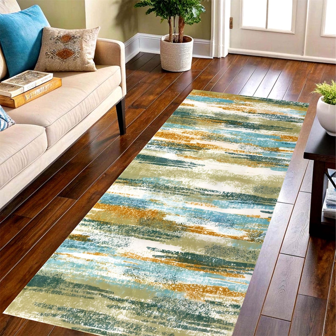 Teal Mustard Abstract Runner Rug: Modern Brushstroke Area Carpet, Non ...