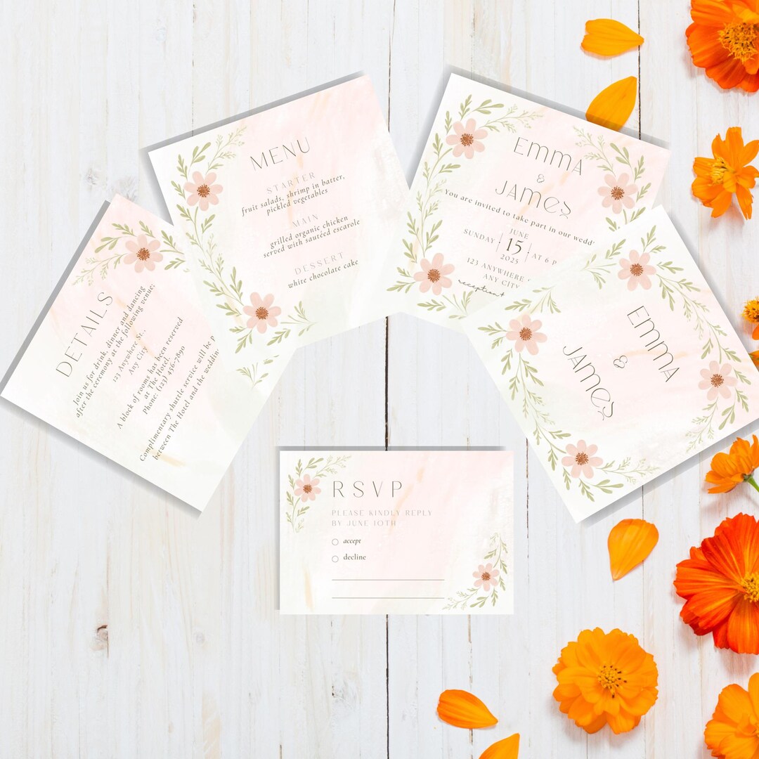 Editable Floral Wedding Invitation Set – Peach Pastel Flower Theme ...