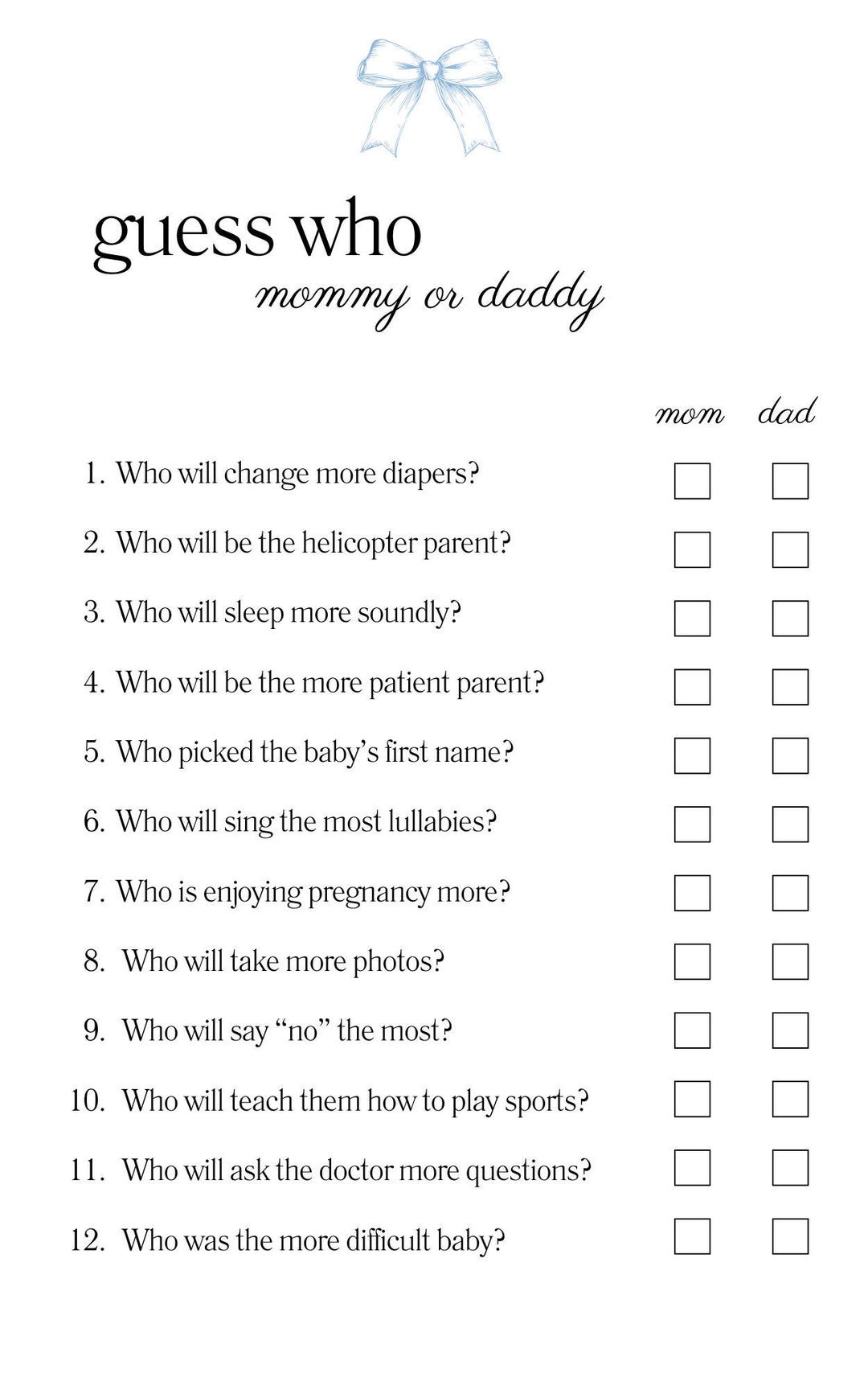 Guess Who Baby Shower Game | Mommy Vs Daddy Baby Shower Game | Blue Bow ...