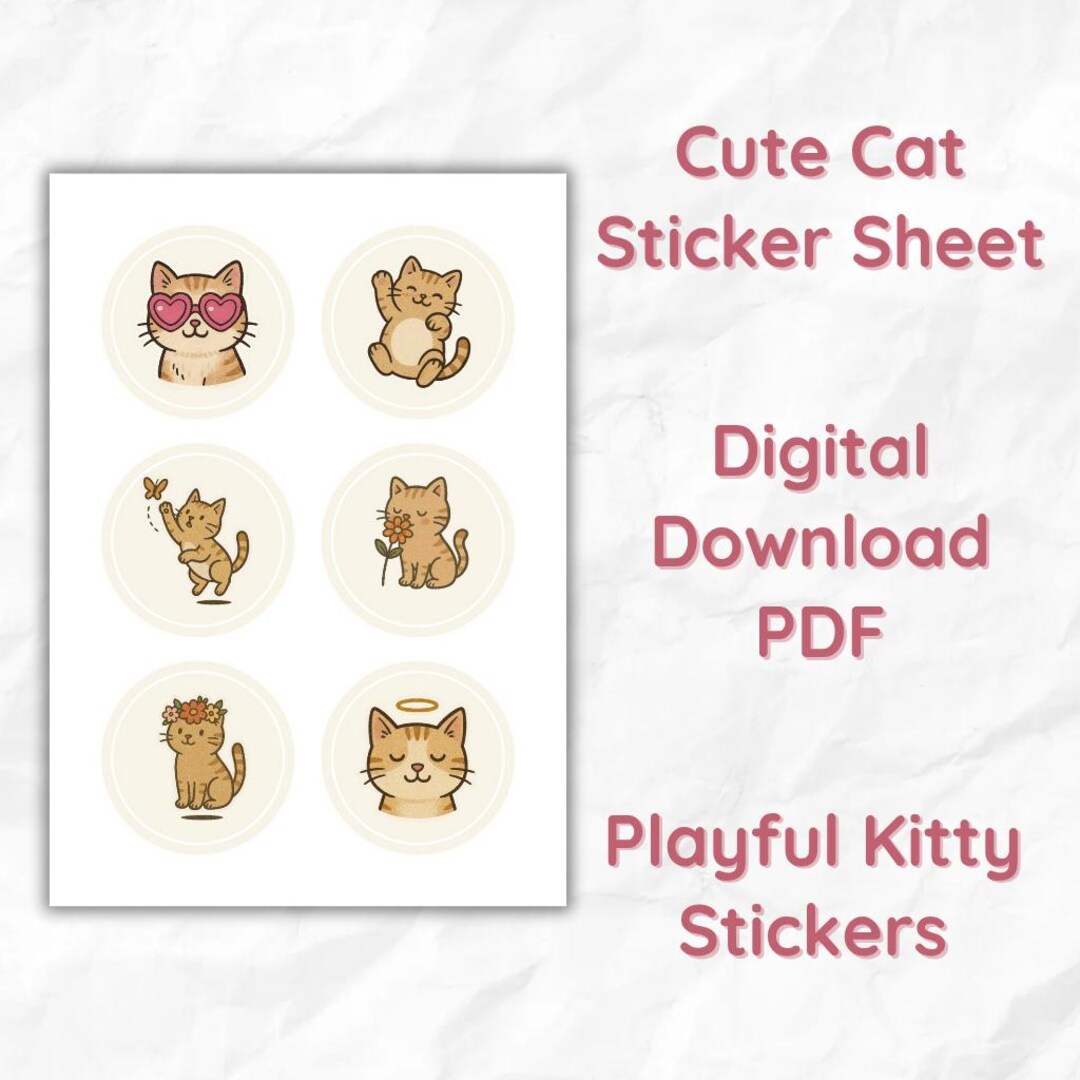 Cute Cat Sticker Sheet – 6 Printable Cat Stickers in PDF Format ...