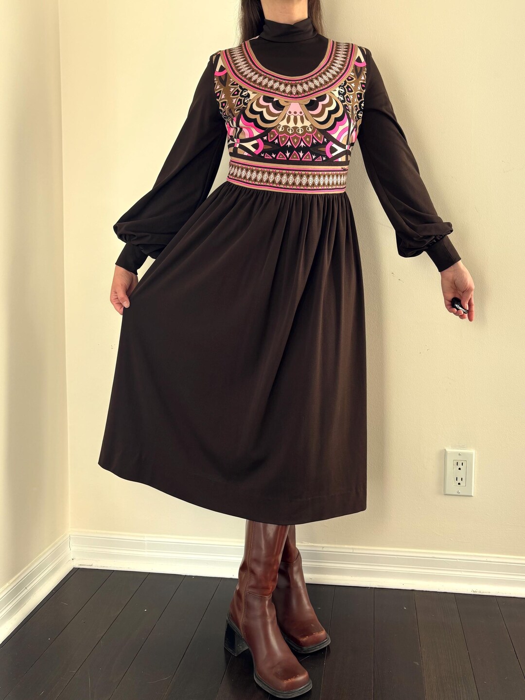 Vintage Mr. Dino 1970s Mod Maxi Dress | Brown Pink Geometric Print ...