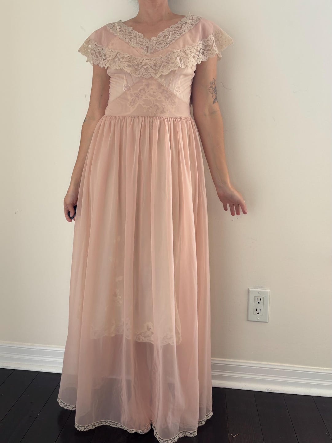 Vintage Peach Chiffon Nightgown Set | French Lace Lingerie, 1950s ...