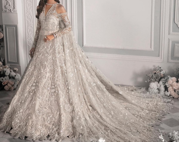 Ash White Formal Pakistani Indian Wedding Dresses Bridal Gown Dress ...