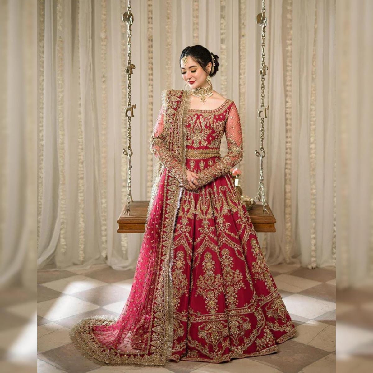 Custom Stitch Red Pakistan Indian Women Wedding Bridal Maxi Dress Heavy ...