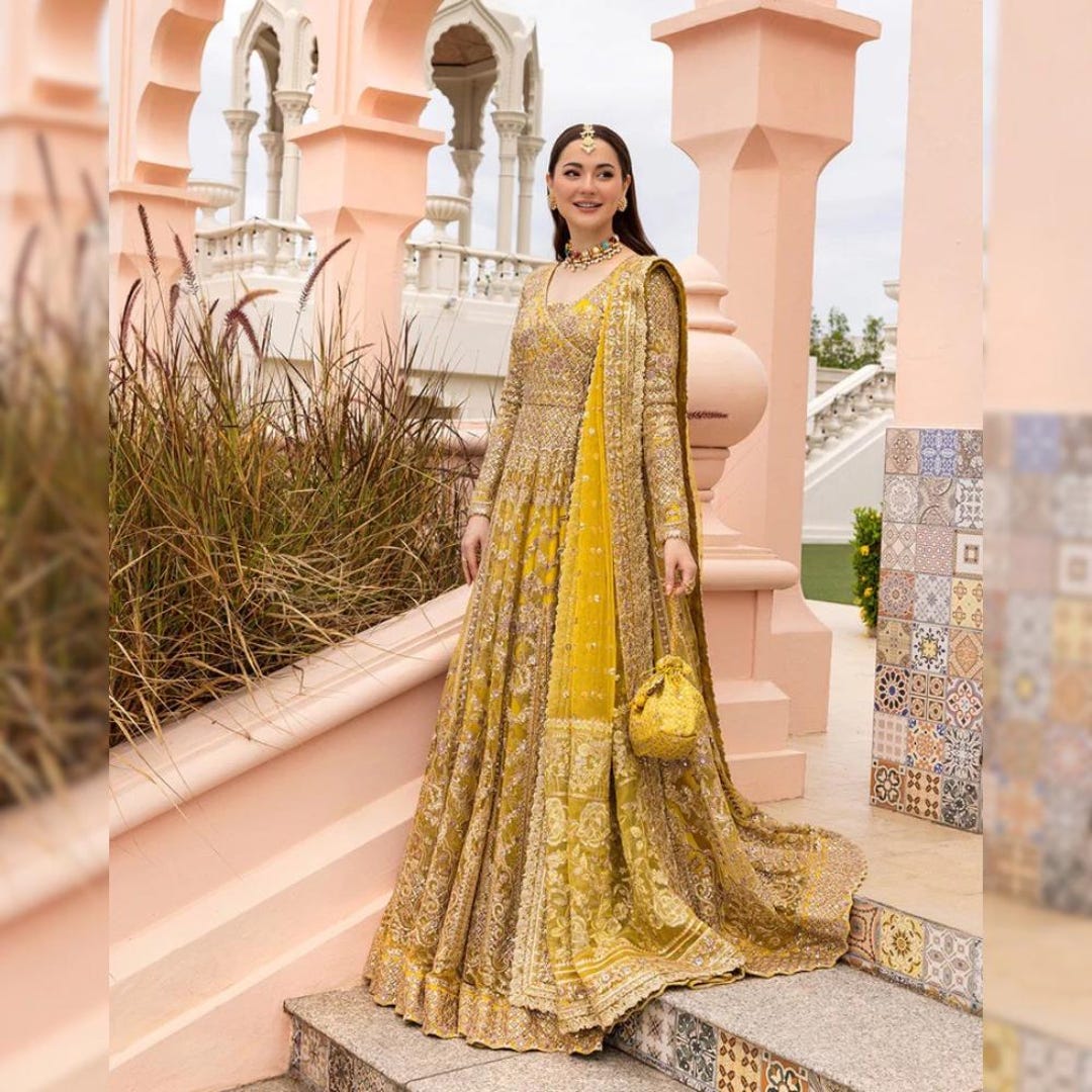 Yellow Net Pishwas Pakistani Formal Dress Embroidered Outfit Wedding ...