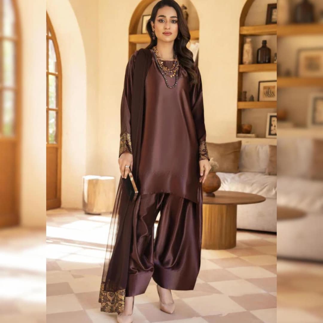 Pakistani Brown Farshi Shalwar Suit Designer Dress 3PC Women Shalwar Kameez Silk Partywear ...