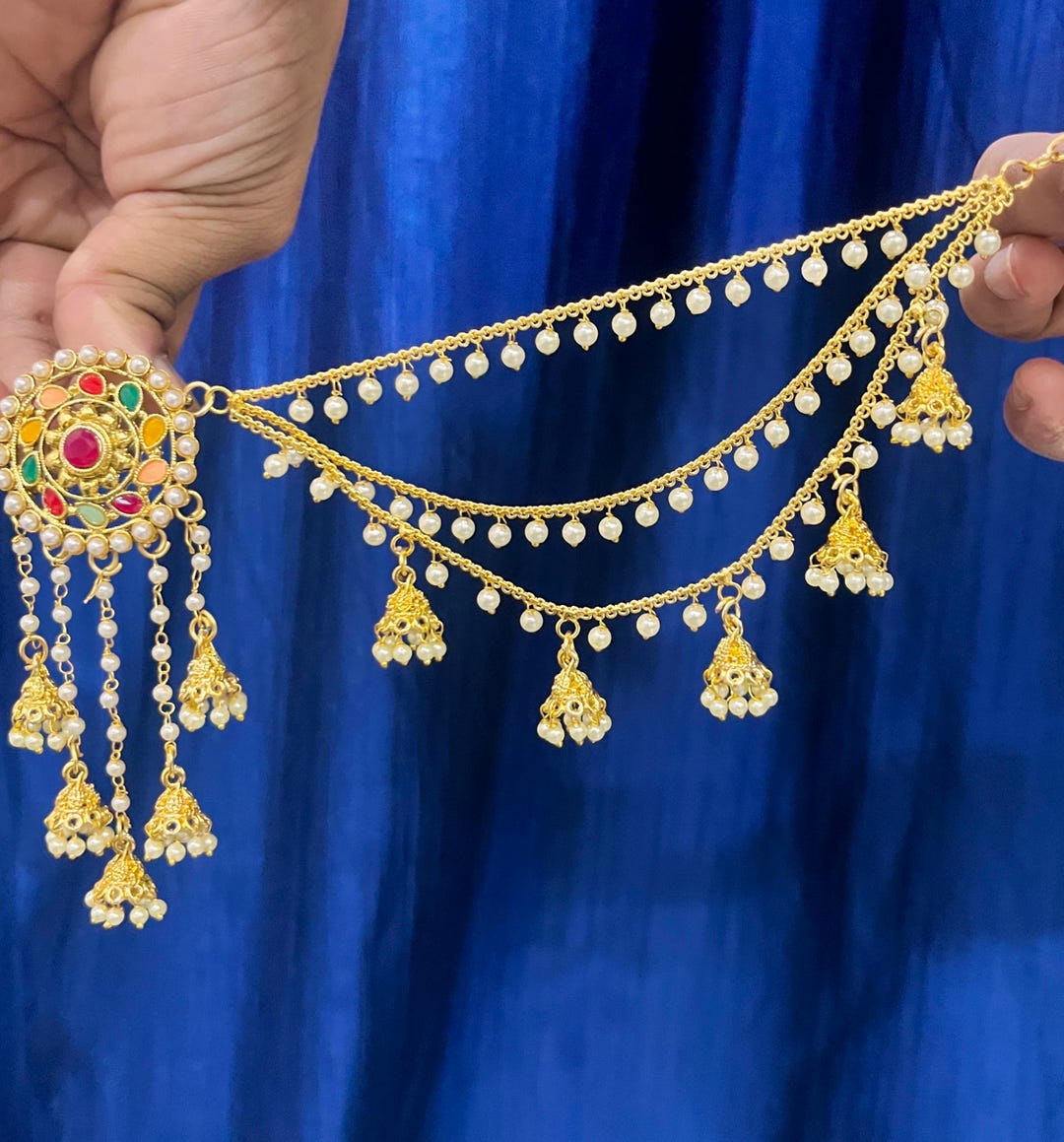 Indian Antique Gold Tone Multicolor Kaan Chain Pearl Jhumka Dangle ...