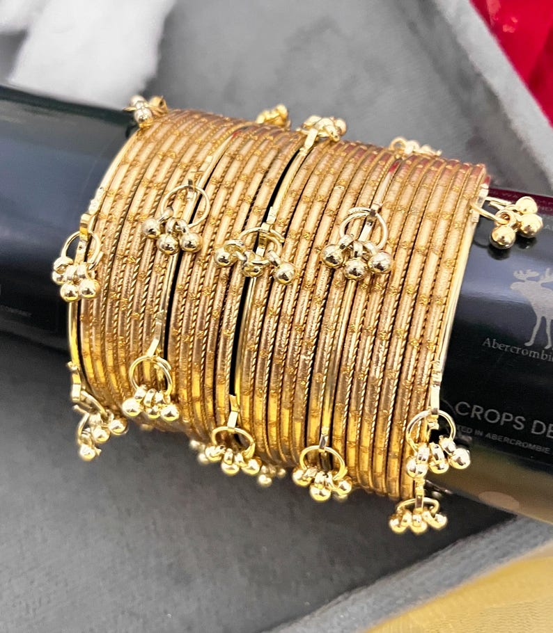 Golden Ghungroo Churi Set, Indian Metal Drop Kashmiri Bangles Set, Gift ...