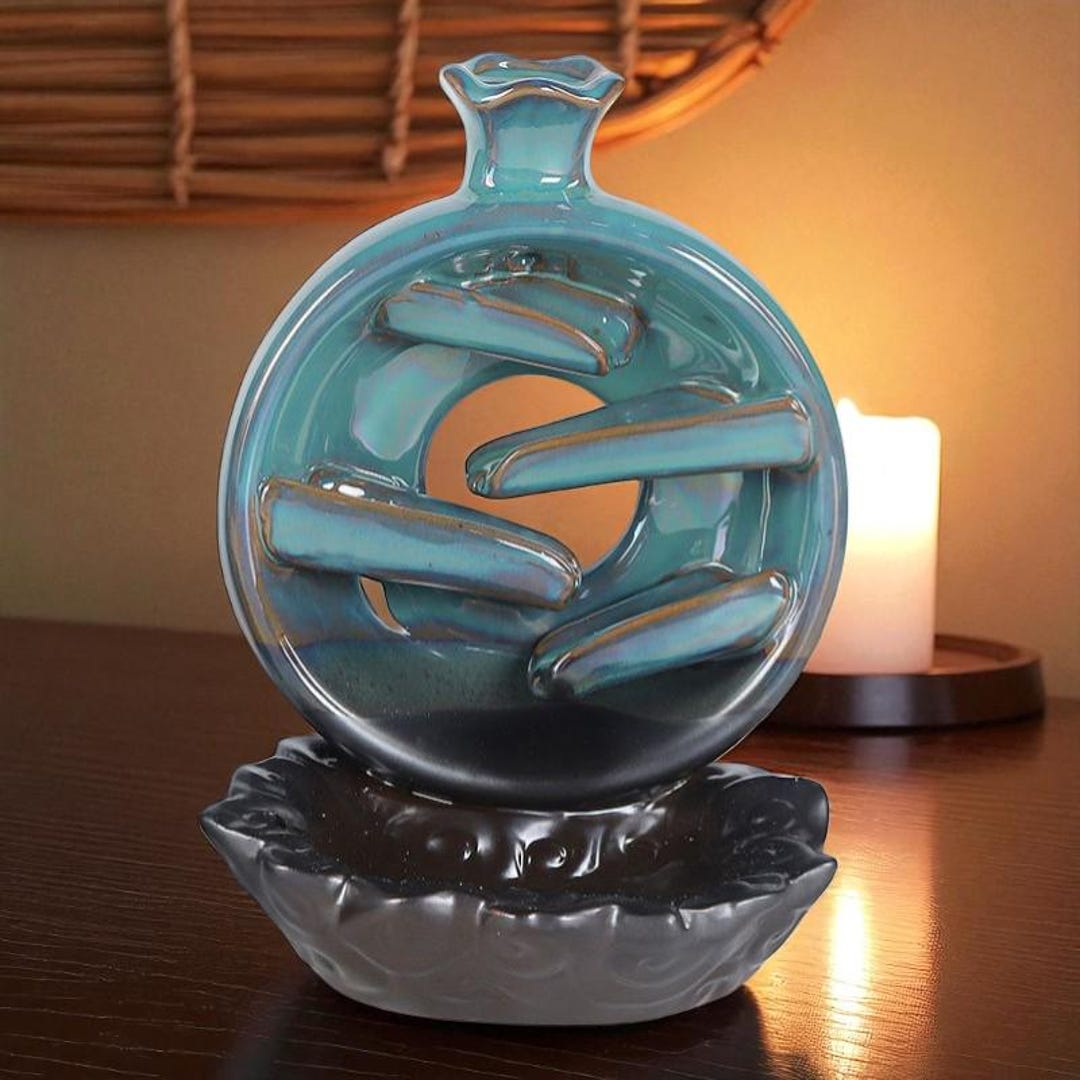 Modern Round Ceramic Backflow Incense Burner – Blue Glaze Zen Fountain ...