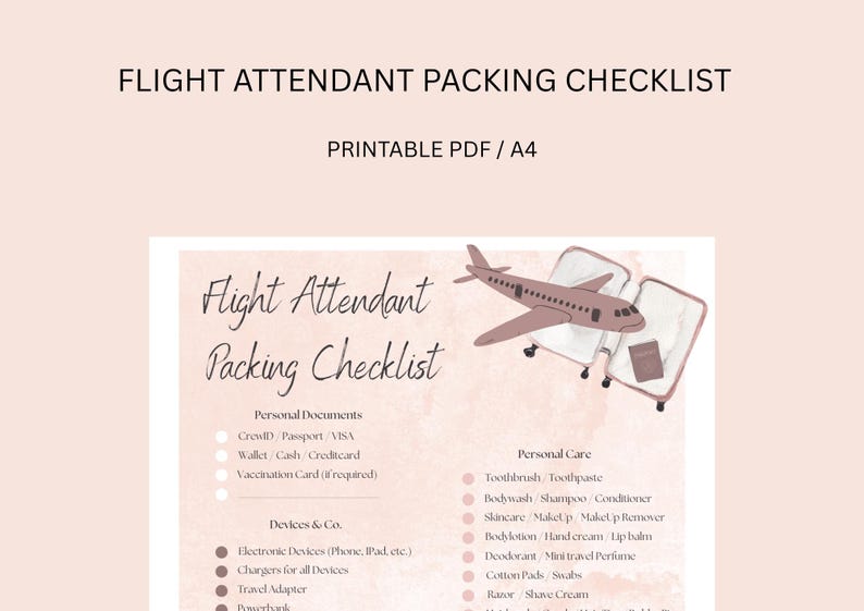 Flight Attendant Packing Checklist, Download, Printable A4 - Etsy