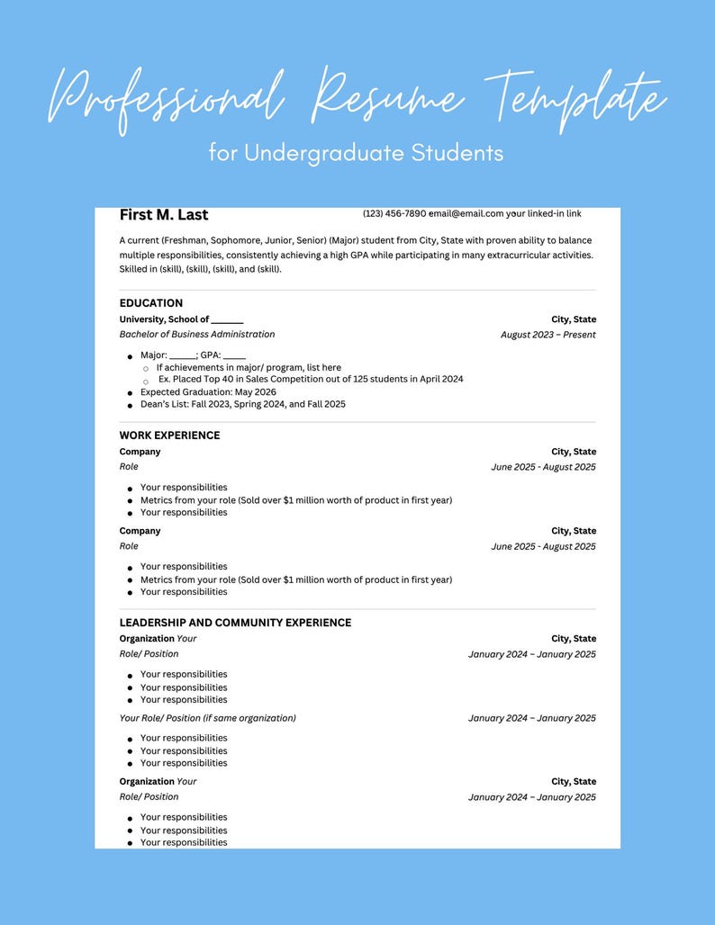 Professional Resume Template for Undergraduate Students - Etsy