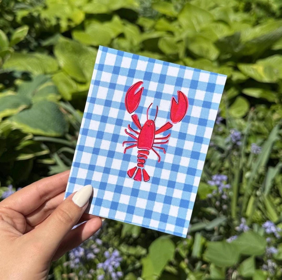 Lobster Birthday Card: Gingham Summer Seafood, Hamptons Style - Etsy