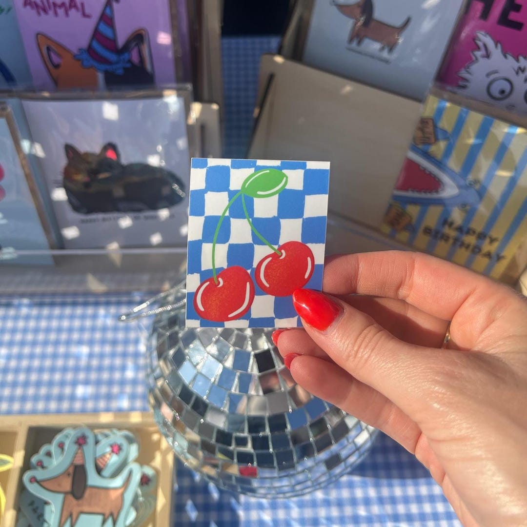 Doodled Cherry Checkerboard Vinyl Sticker | Painted Summer Fruit Laptop ...