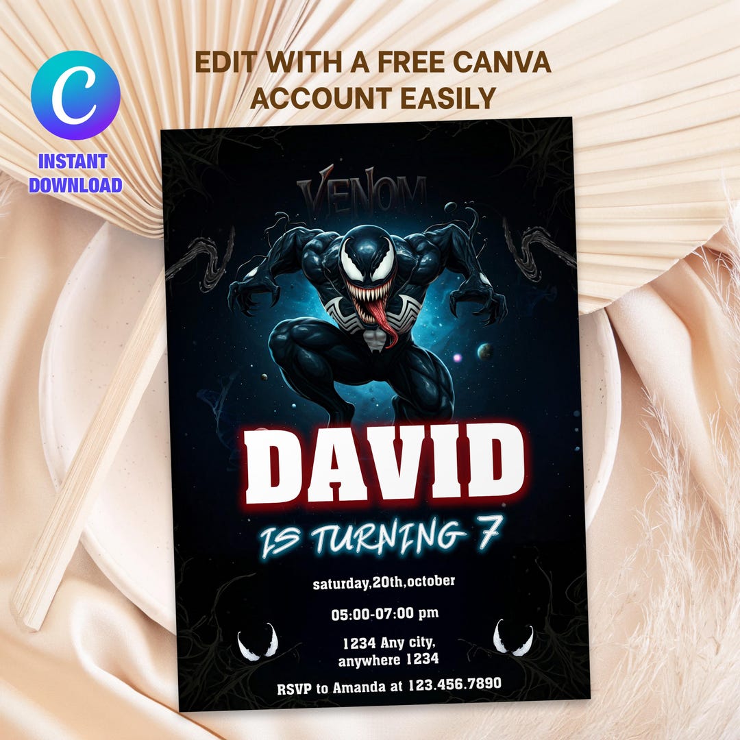 Venom Party Invitation Birthday Template Canva - Editable Superhero ...