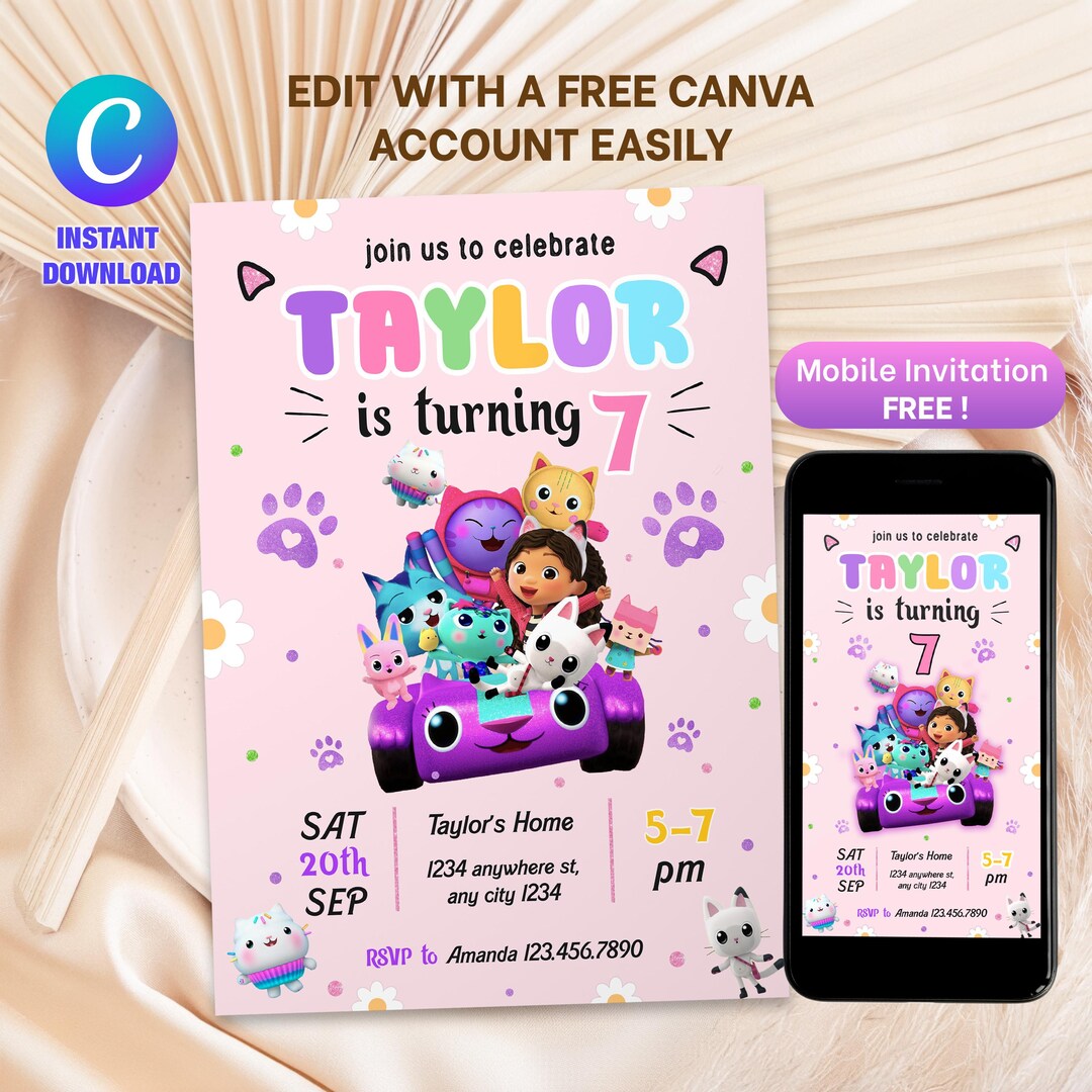 Editable Gabby's Dollhouse Invitation Girl Gabbys Dollhouse Invite Cat ...