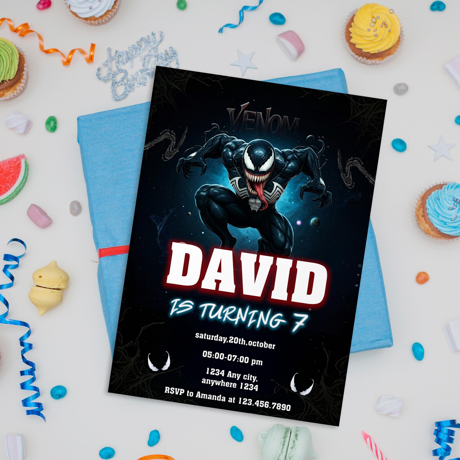 Venom Party Invitation Birthday Template Canva - Editable Superhero ...