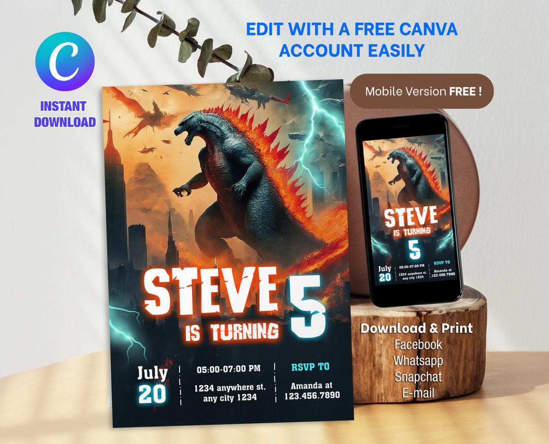 Godzilla Invitation, Godzilla Boys Editable Birthday Invitation ...