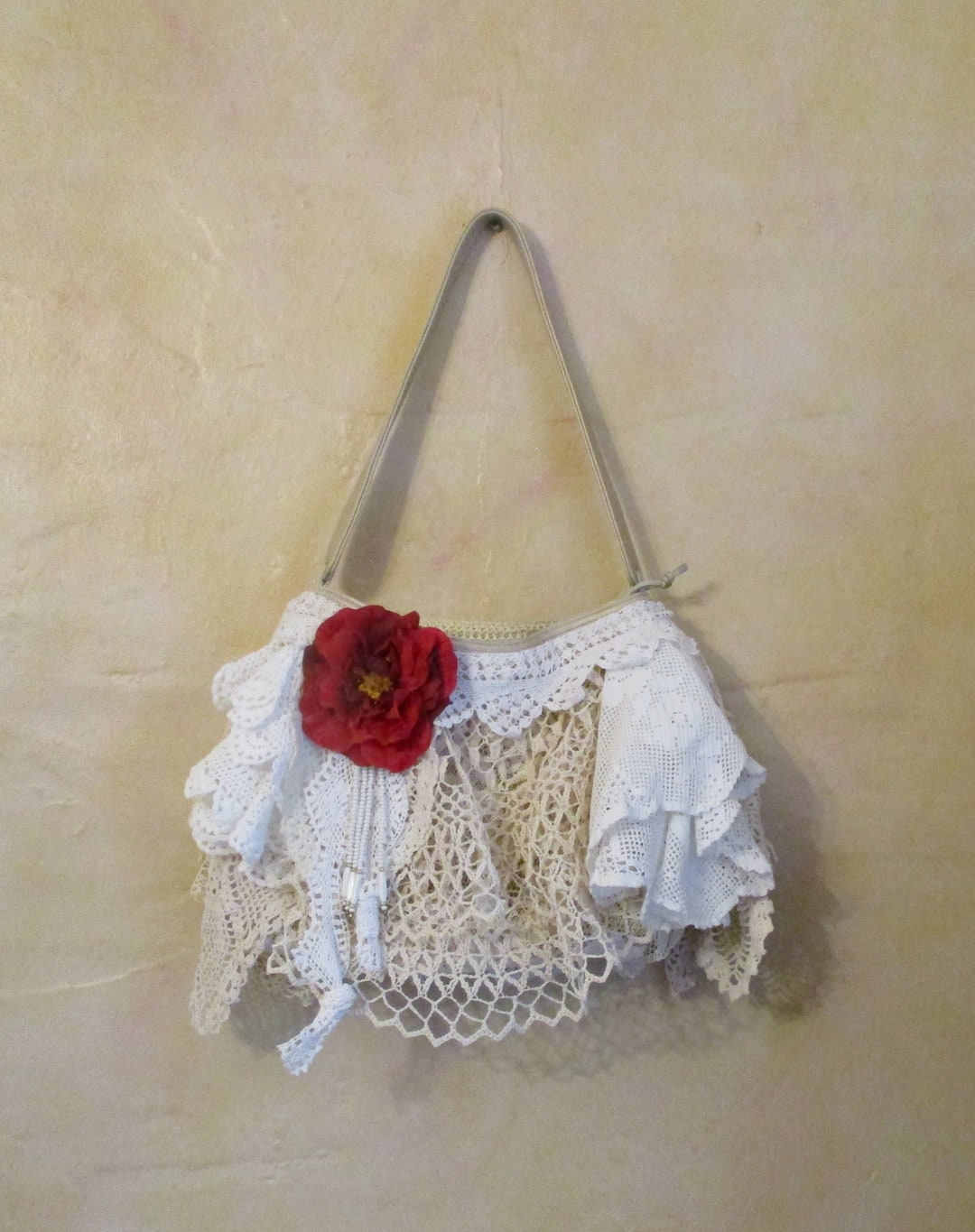 Upcycled Purse Make Over Embellished Vintage Doily Bag Bohemian Shabby ...