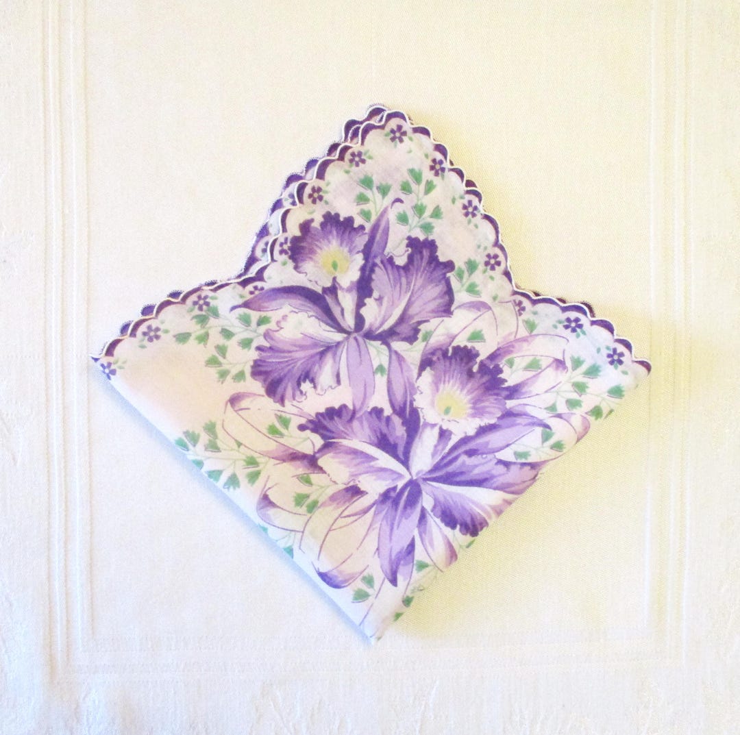 Vintage 13 Inch Purple Floral Print Handkerchief Hankie Cotton Ladies ...