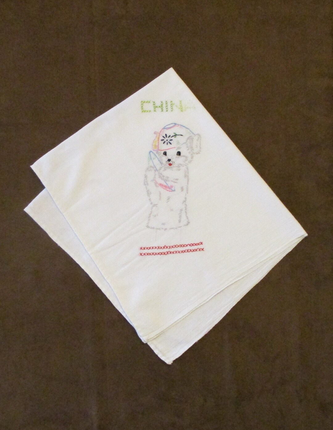 Vintage Embroidered Kitchen Drying Dish Towel Puppy Dog Puppet With ...
