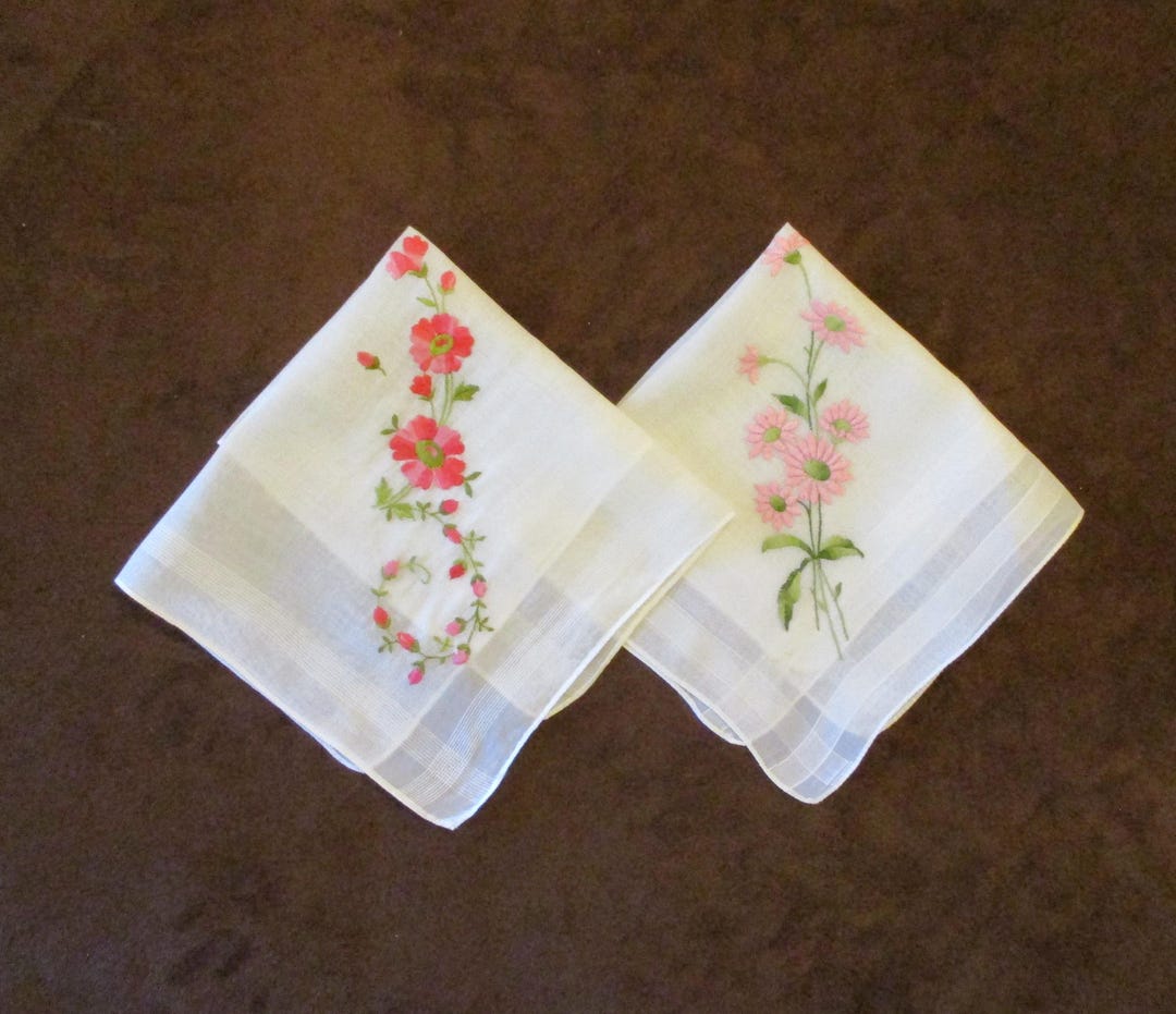 Two Vintage Embroidered Pink Floral Linen Handkerchiefs Ladies ...