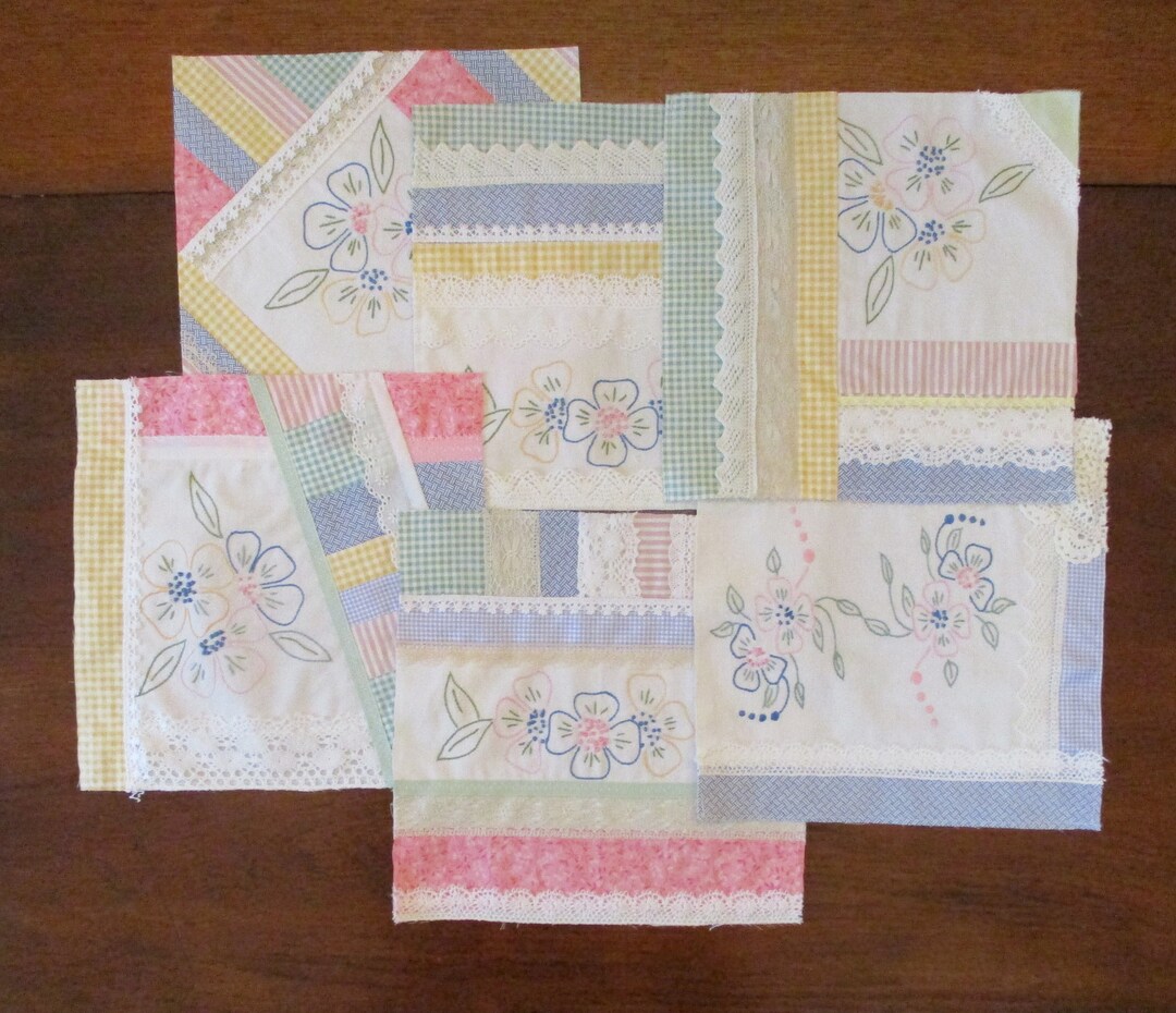 Six Repurposed Floral Quilt Squares Vintage Hand Embroidered Linens 11 ...