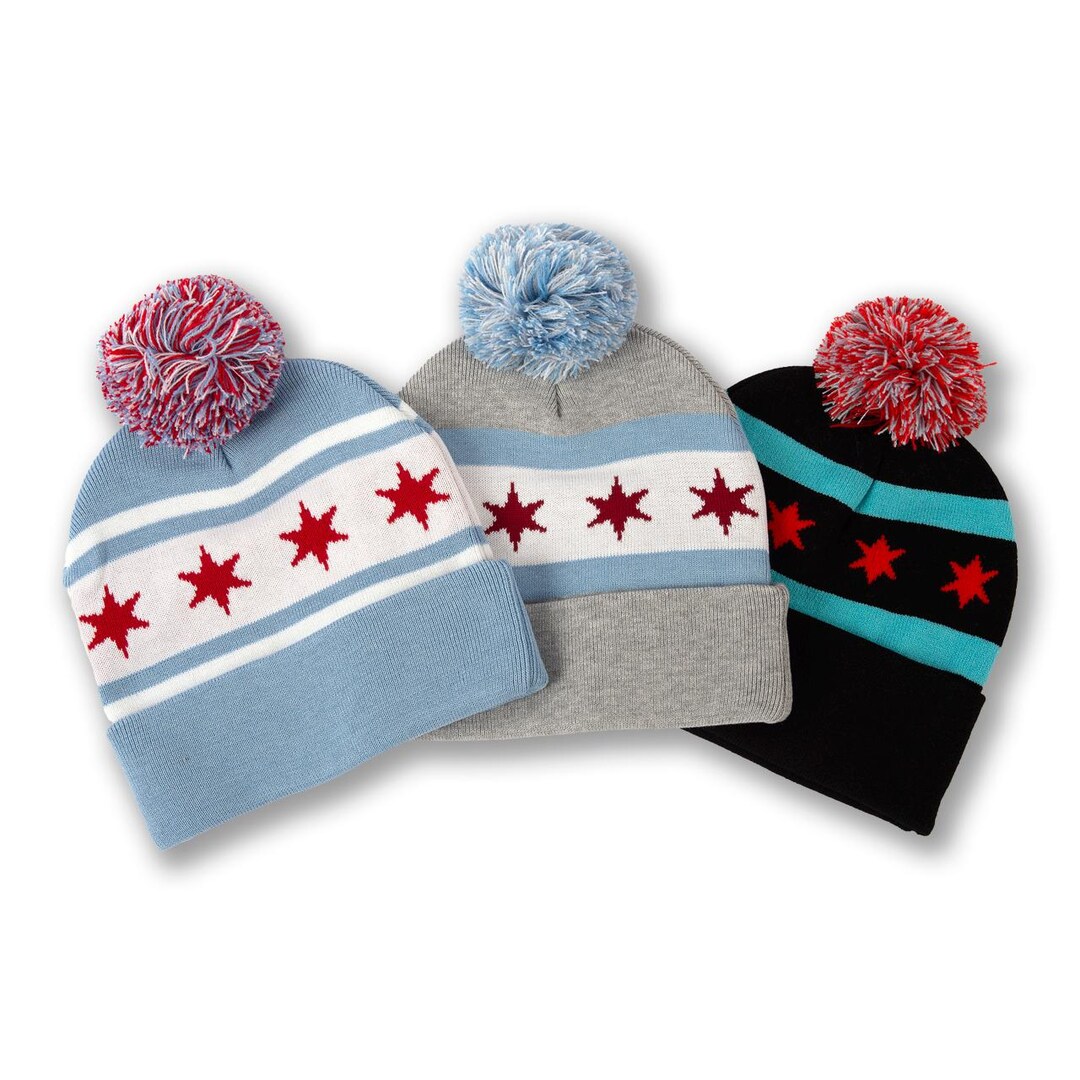 Chicago Flag Knit Hat With Pom - Chicago Flag Beanie, Chicago Beanie ...