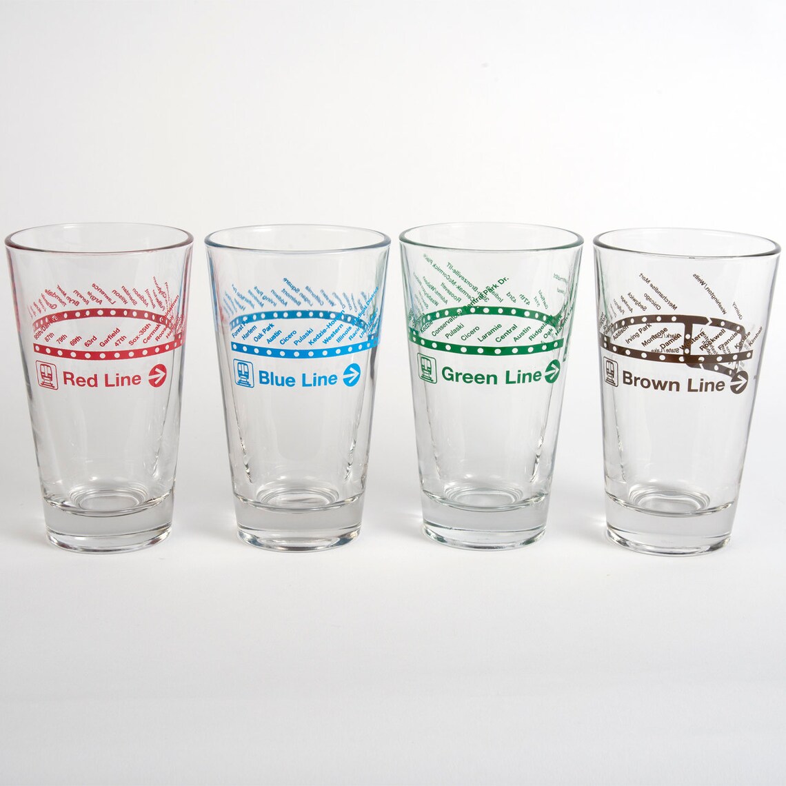 Train Line Pint Glass Set - 8 Glasses - 16oz - Chicago Glassware ...