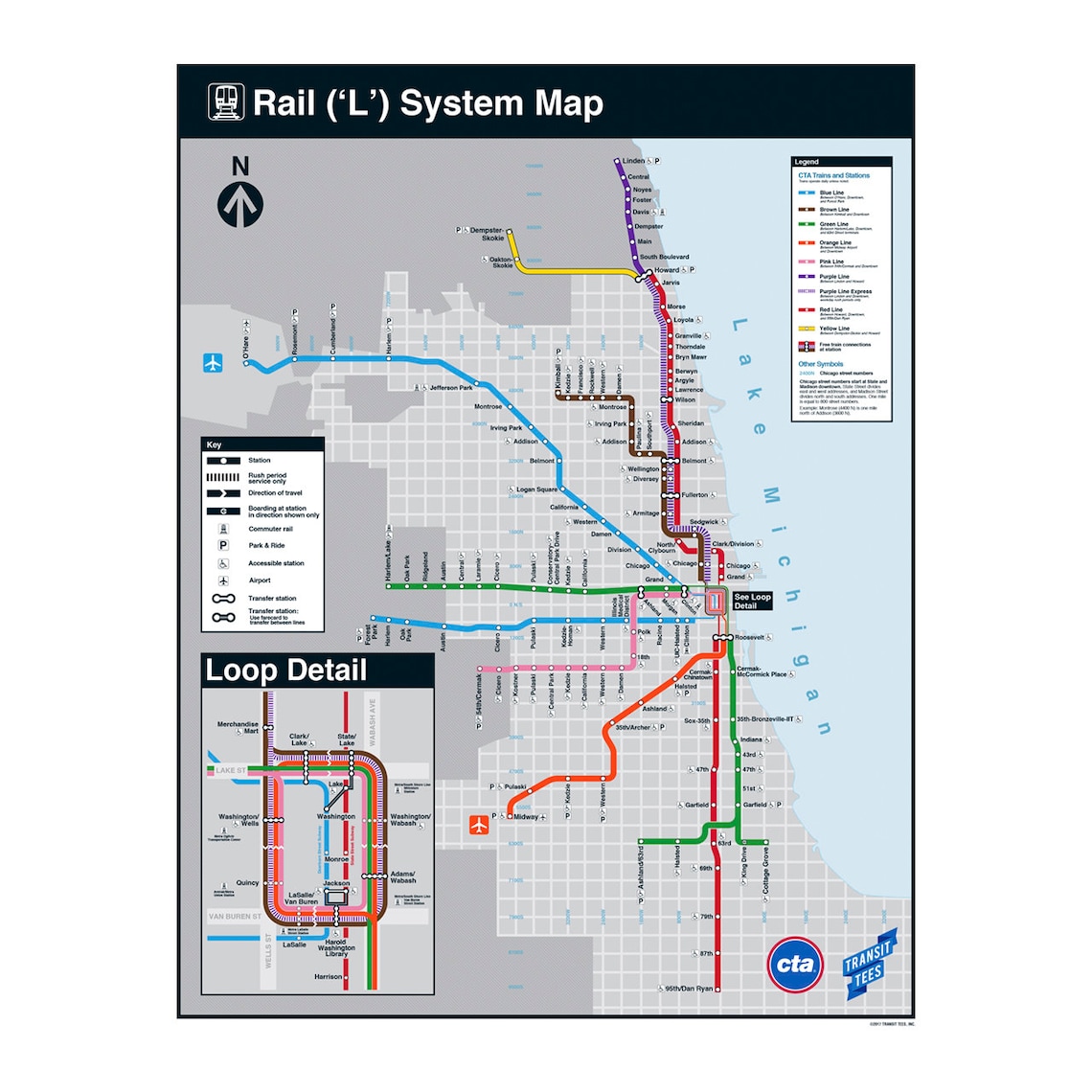 CTA Rail System Map Poster - Features All Lines: Red, Orange, Blue ...