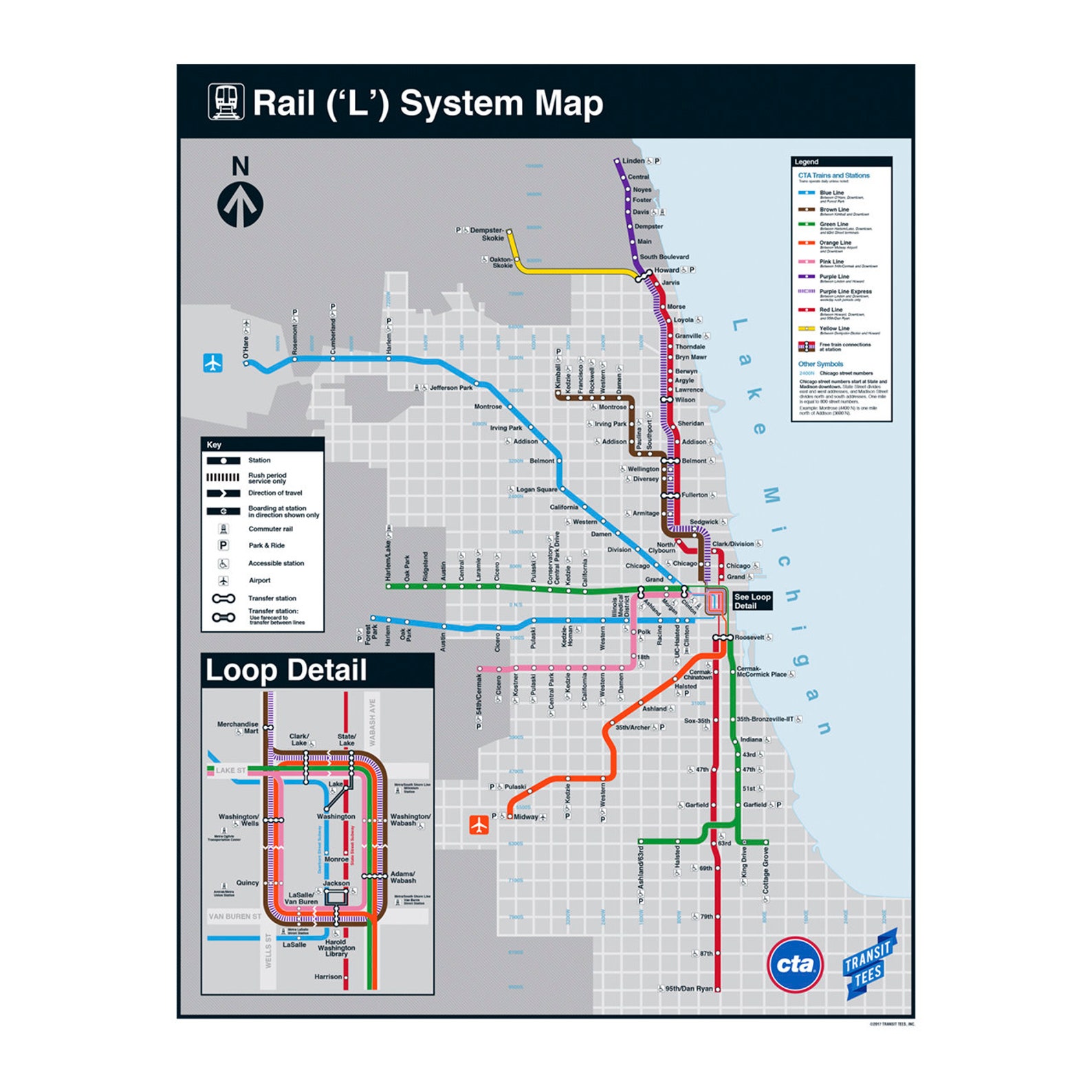 CTA Rail System Map Poster - Features All Lines: Red, Orange, Blue ...