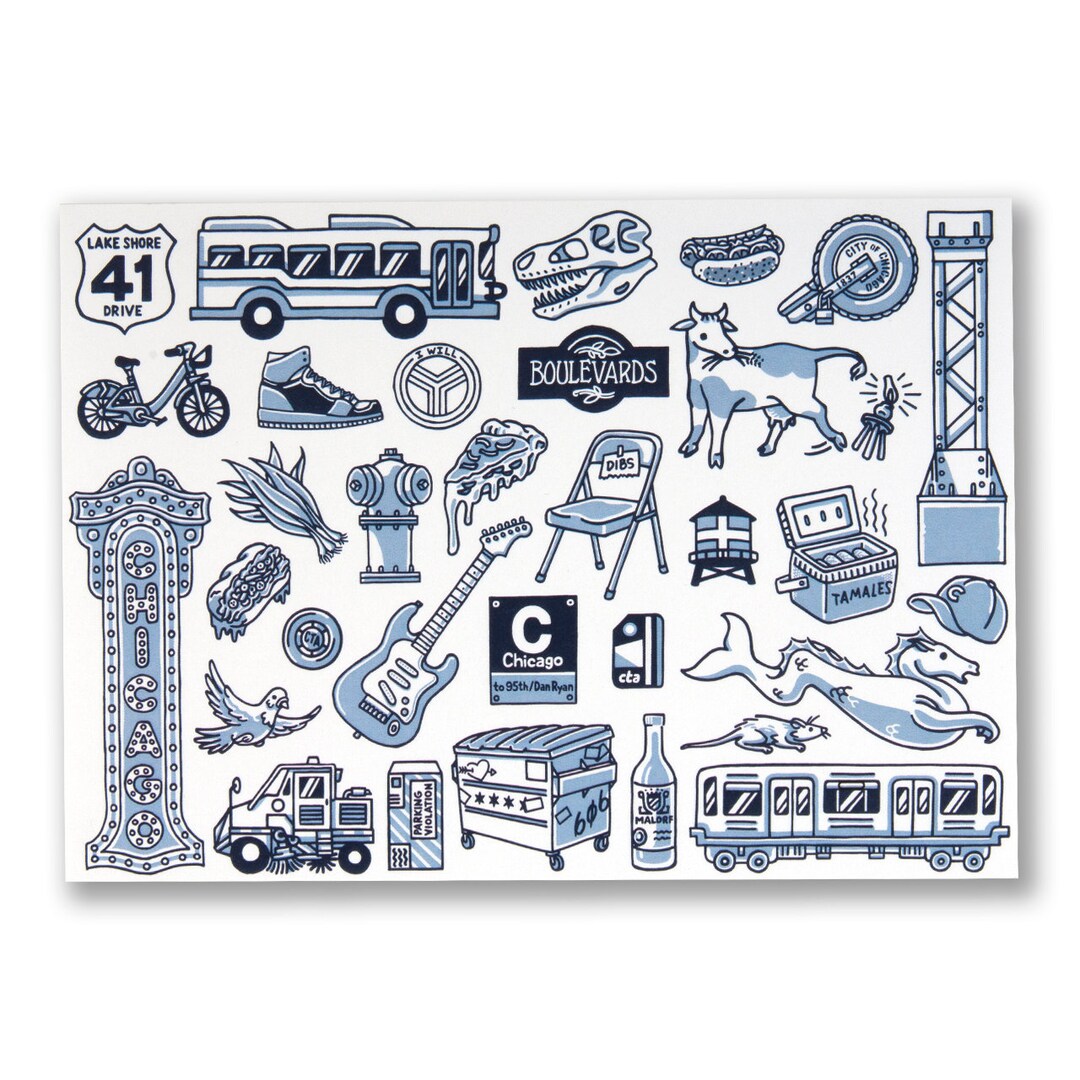 Chicago Icons Postcard - Featuring Famous Chicago Icons, Including the ...