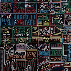 Neon Neighborhood Map of Chicago Wall Tapestry - Chicago Wall Art ...